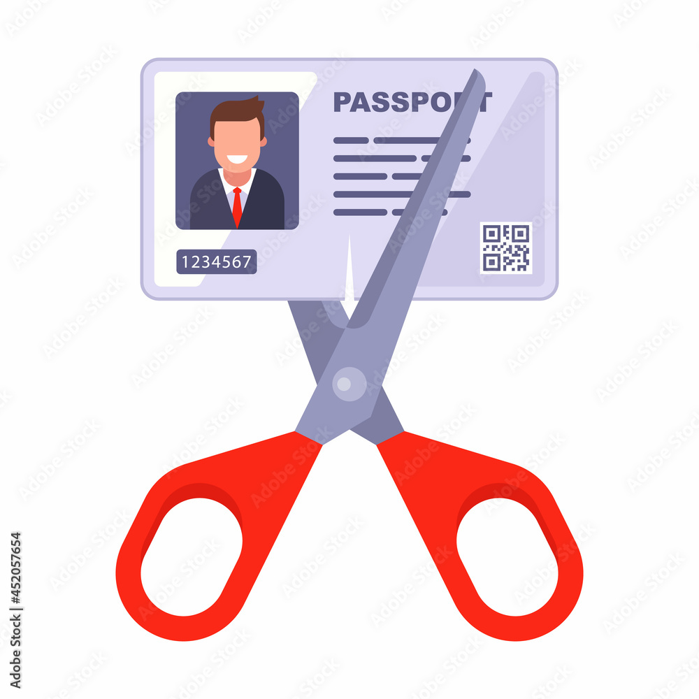 cancel the identity document. cut the paper with scissors. flat vector ...