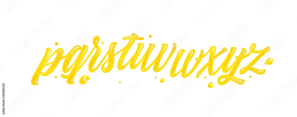Yellow font isolated on white background. Gold ABC set with letters q ...