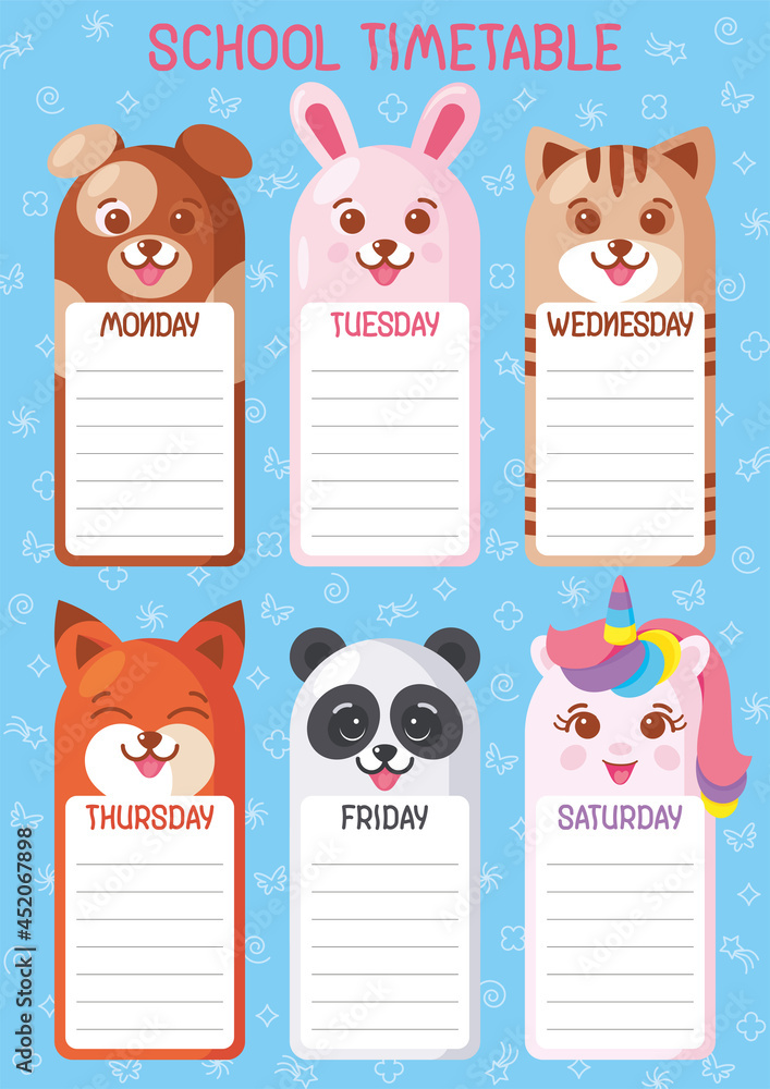 School timetable template with cute kawaii animals frames. Weekly ...