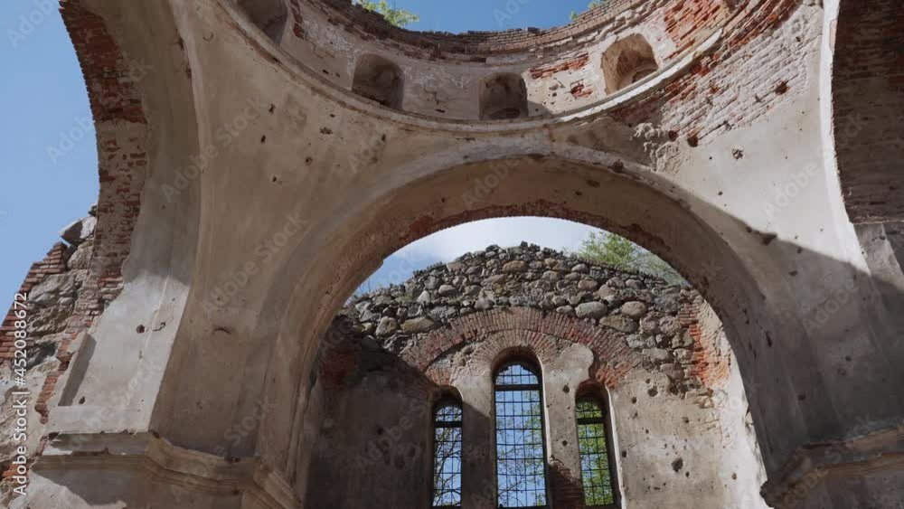 Video „View of destroyed ancient brick church from inside. Camera ...