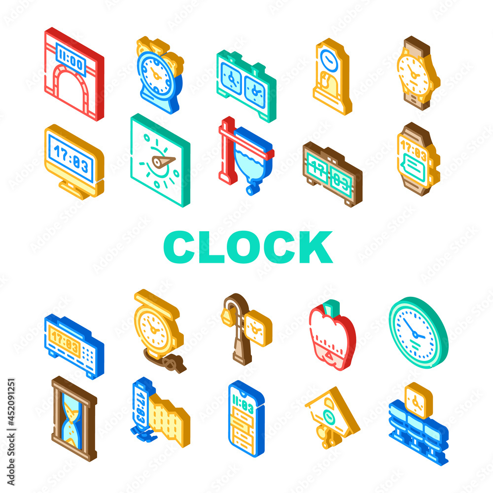 Clock And Watch Time Equipment Icons Set Vector. Floor Antique Clock ...