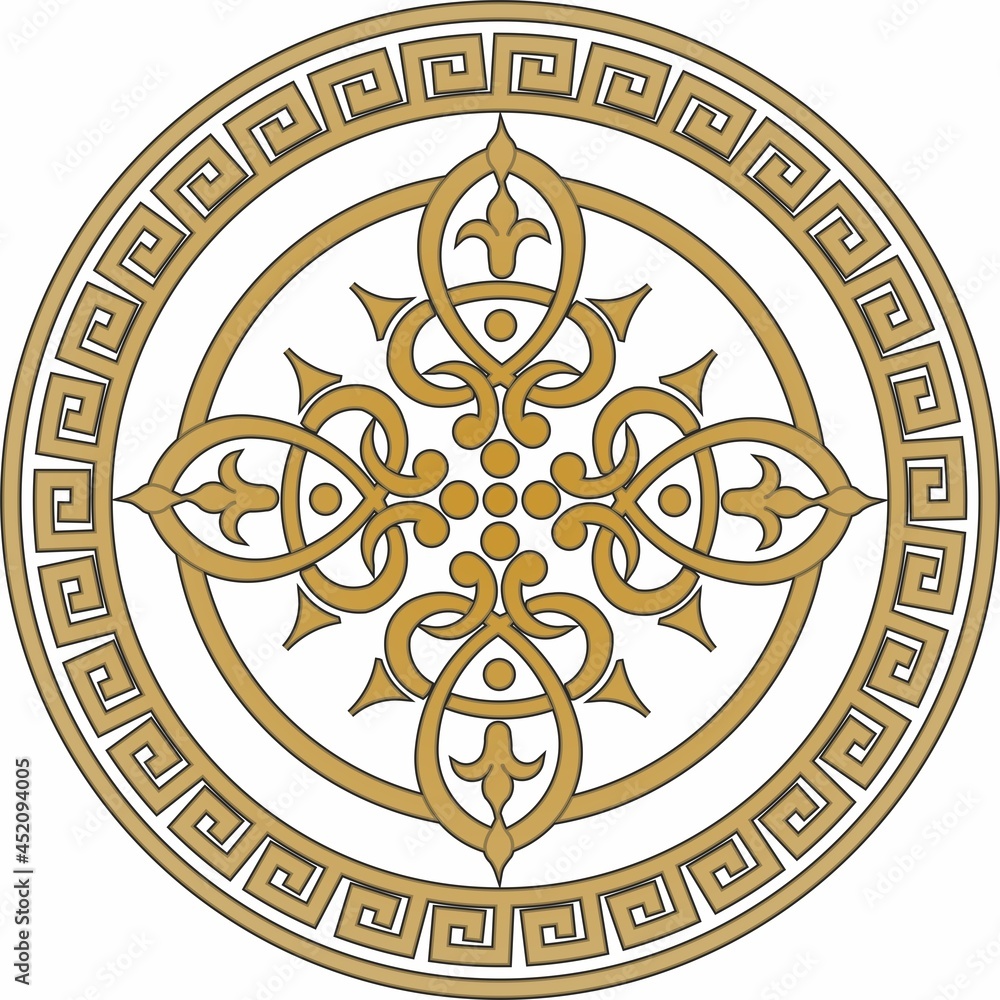 Vector round greek gold ornament. Meander in a circle. Circular pattern ...