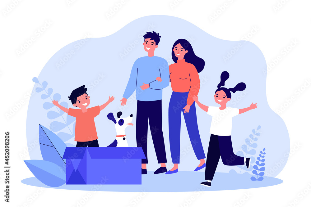 Vetor de Happy family adopting cute dog sitting in cardboard box ...