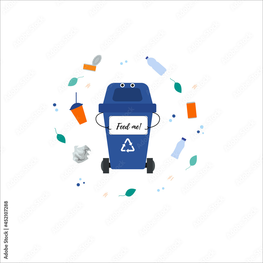 Vector illustration of a cute trash bin with a recycling sign. The ...