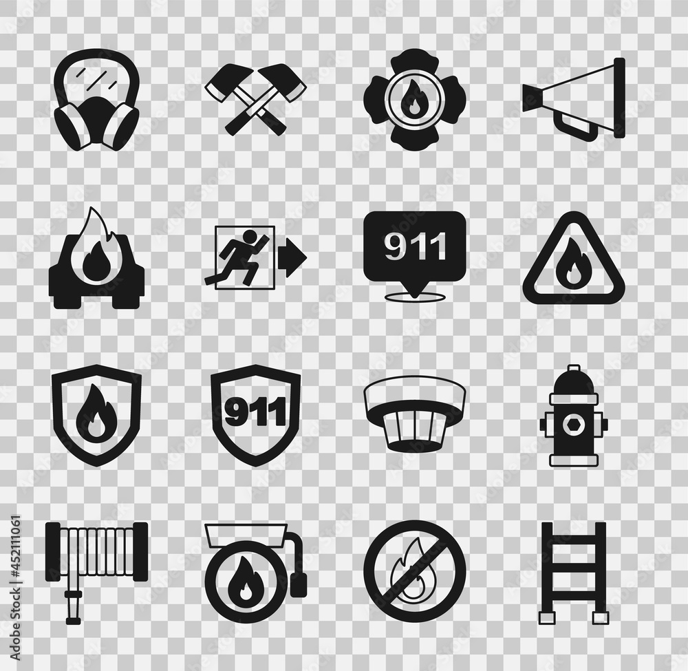 Set Fire escape, hydrant, flame in triangle, Firefighter, exit, Burning ...
