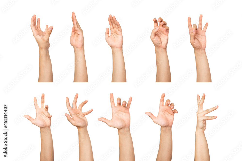 Compilation of holding or grabbing hand gesture close ups isolated with white background ...
