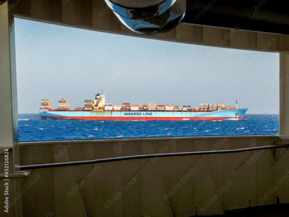 Atlantic Ocean - September 2011: Container ship operated by Maersk Line ...