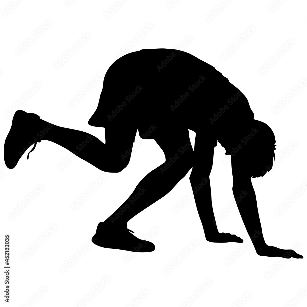 Silhouette people in different poses bent over on a white background ...