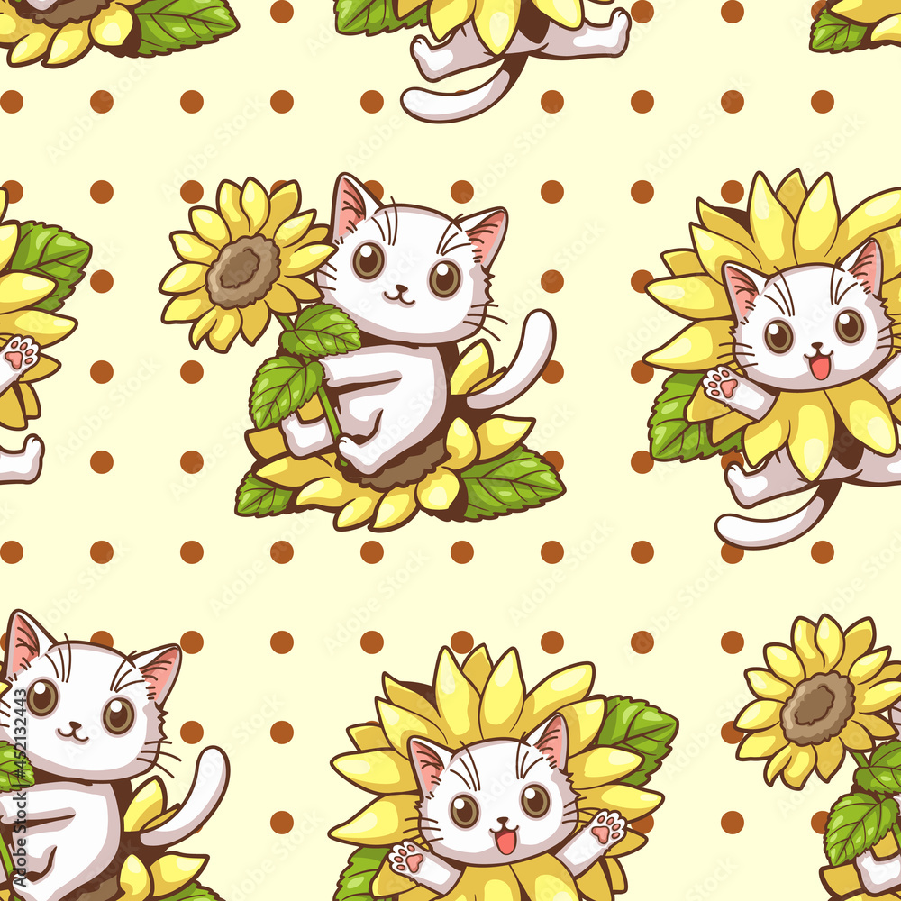 Seamless pattern of little white cat hugs a sunflower and sits on a big ...