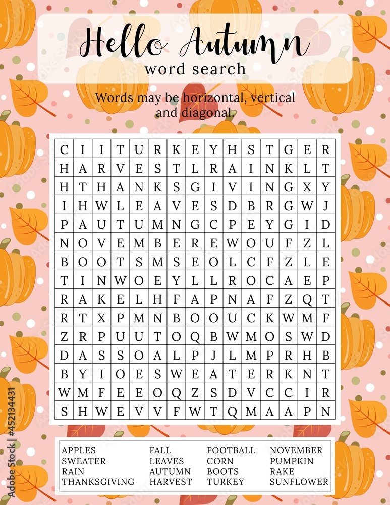Hello Autumn word search puzzle. 16 autumn themed words to find ...