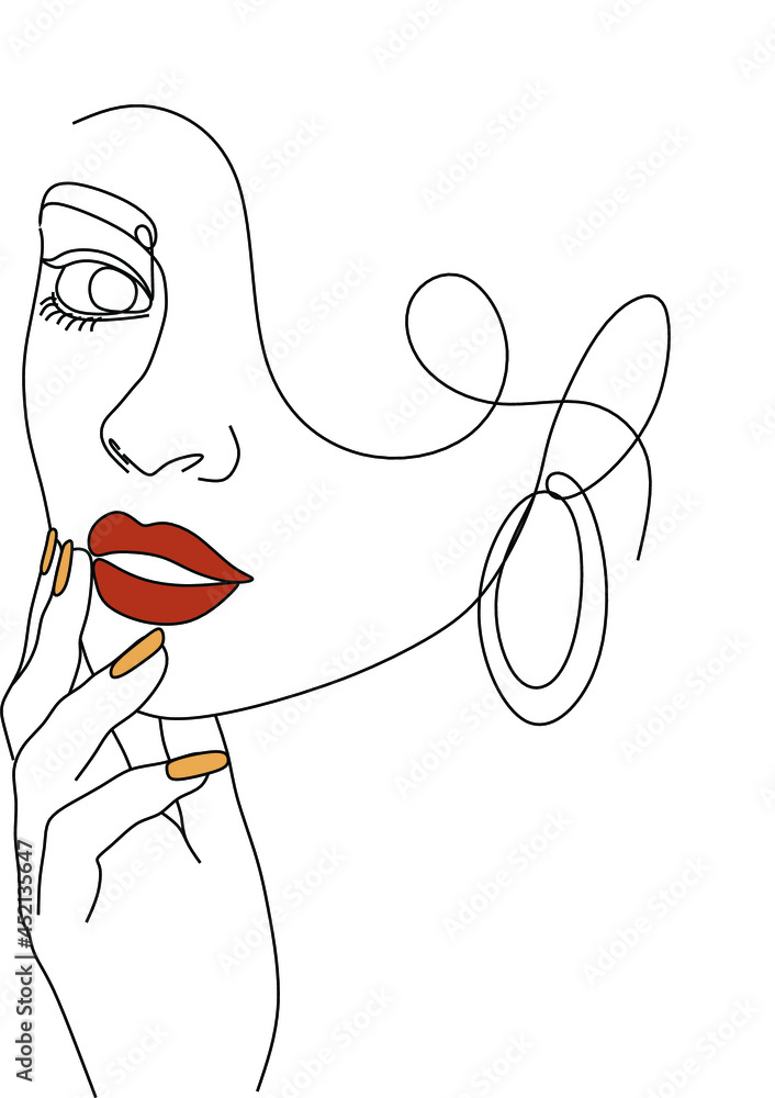 Line Drawing. Abstract face with flowers and leaves by one line drawing ...