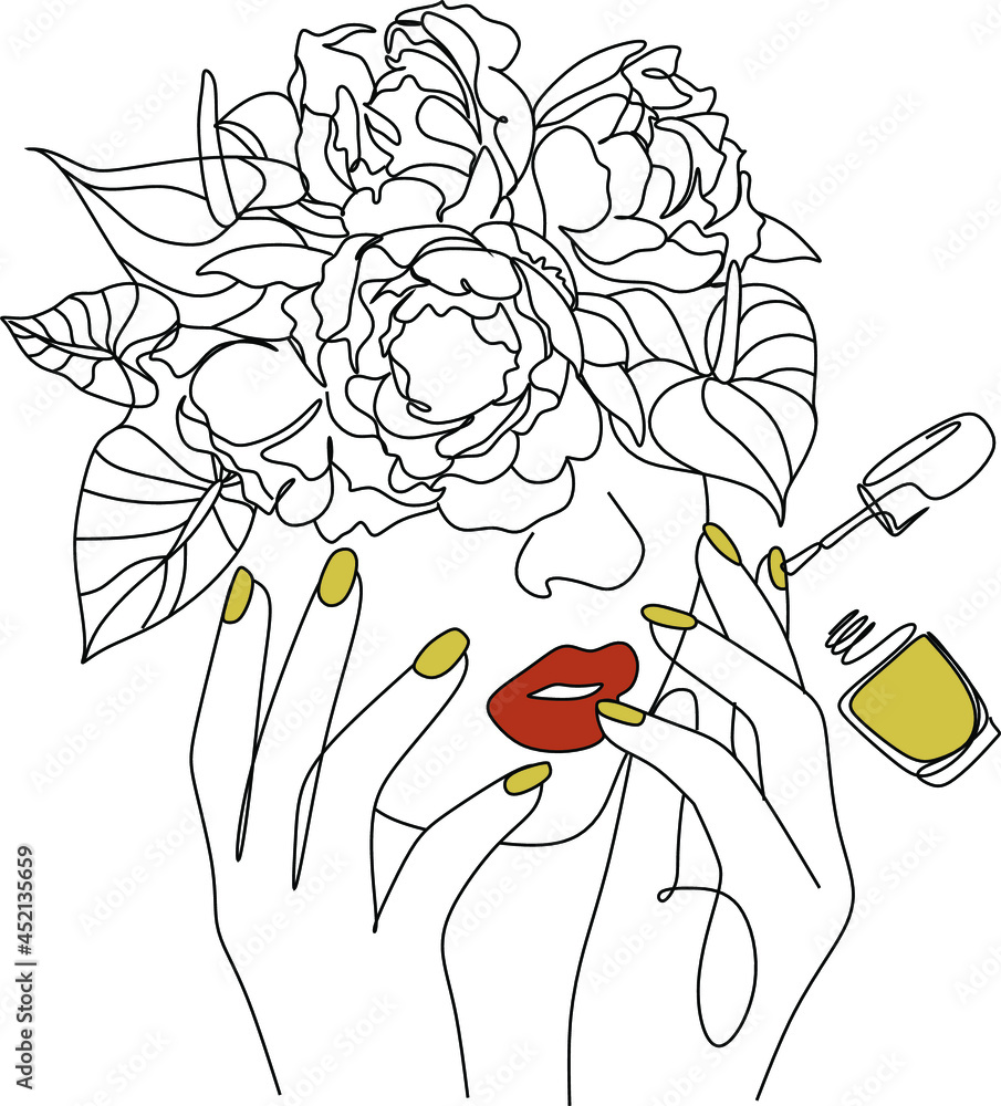 Line Drawing. Abstract face with flowers and leaves by one line drawing ...