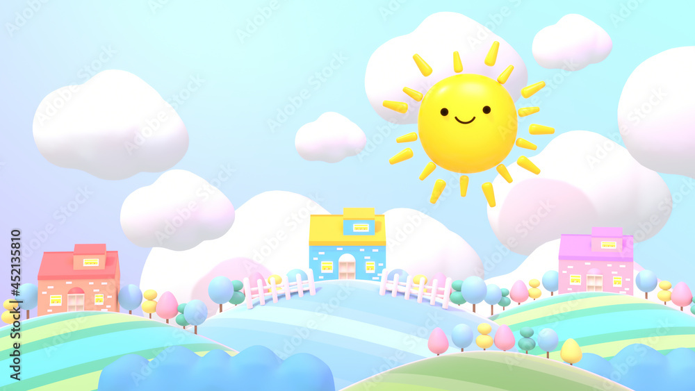 Cartoon cute smiling sun and sweet home. 3d rendered picture. Stock ...