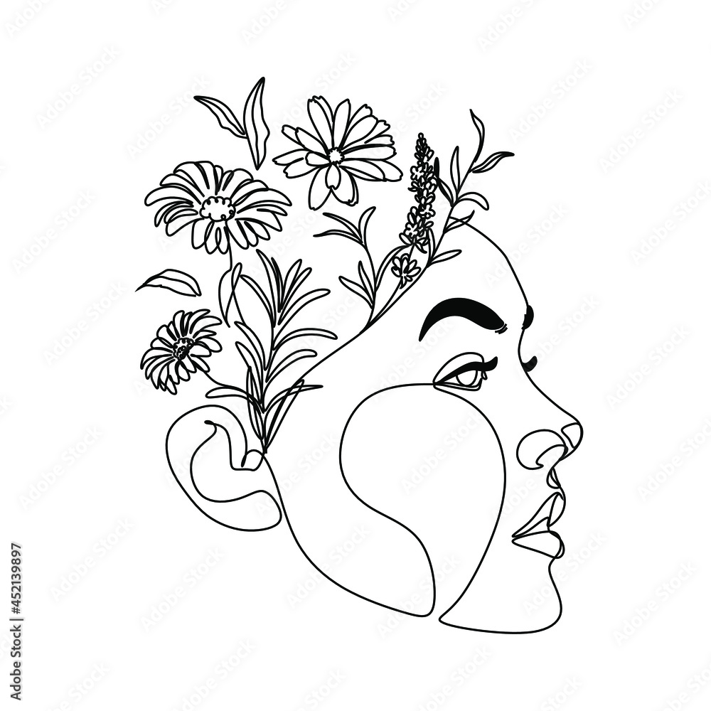 Flower face woman line drawing. Modern continuous line art. Women line ...