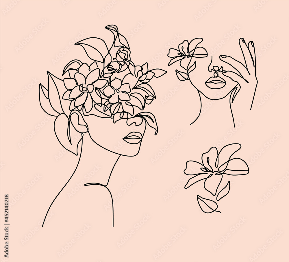 Flower face woman line drawing. Modern continuous line art. Women line ...