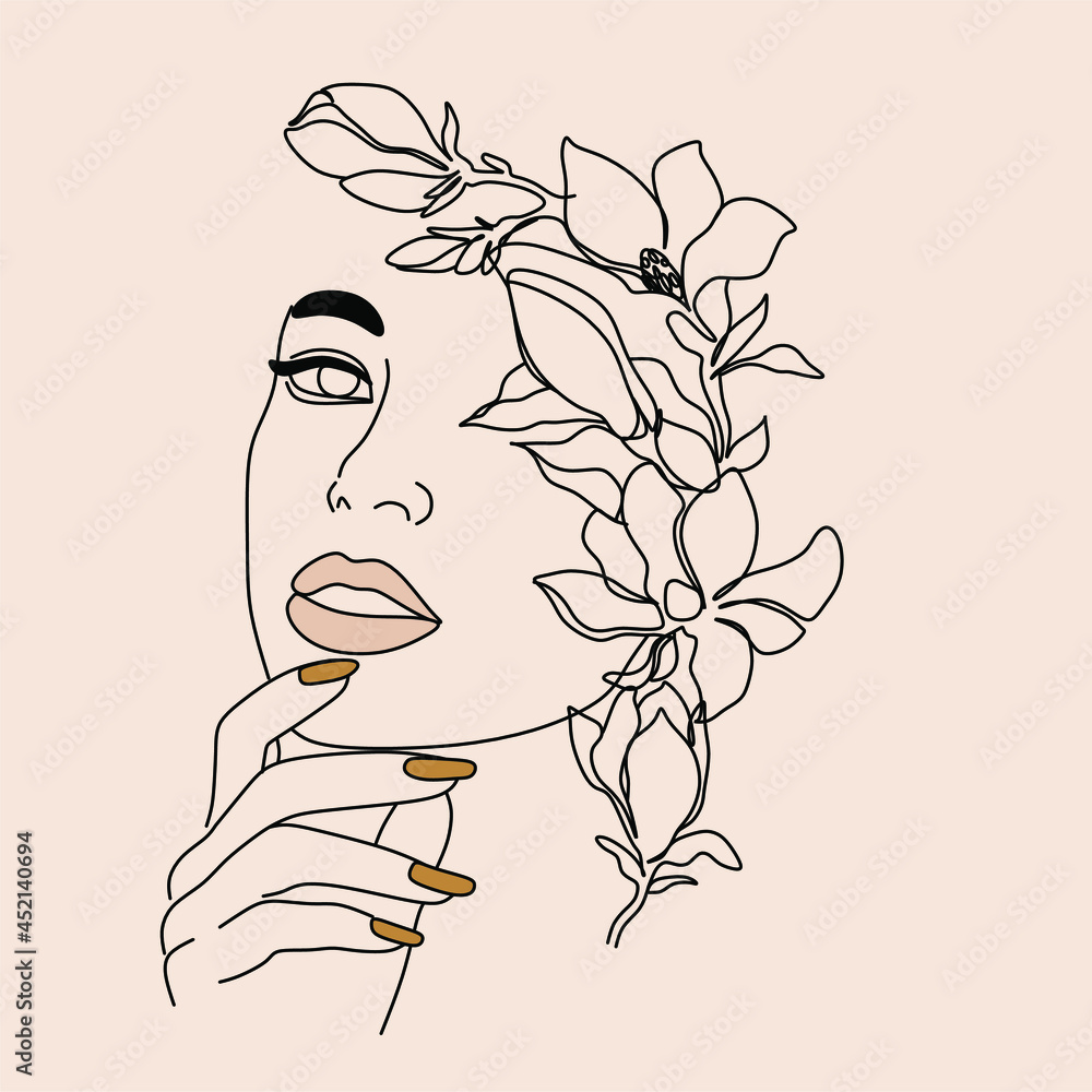 Flower Face Woman Line Drawing Modern Continuous Line Art Women Line