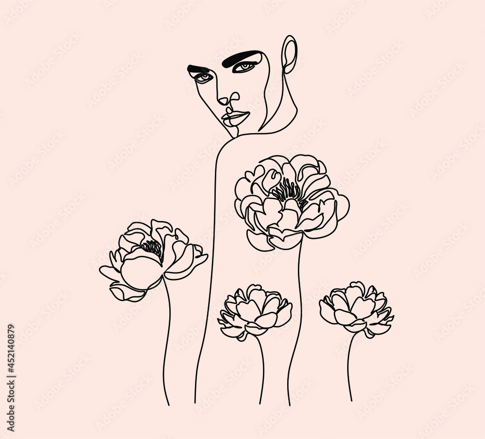 Flower face woman line drawing. Modern continuous line art. Women line ...