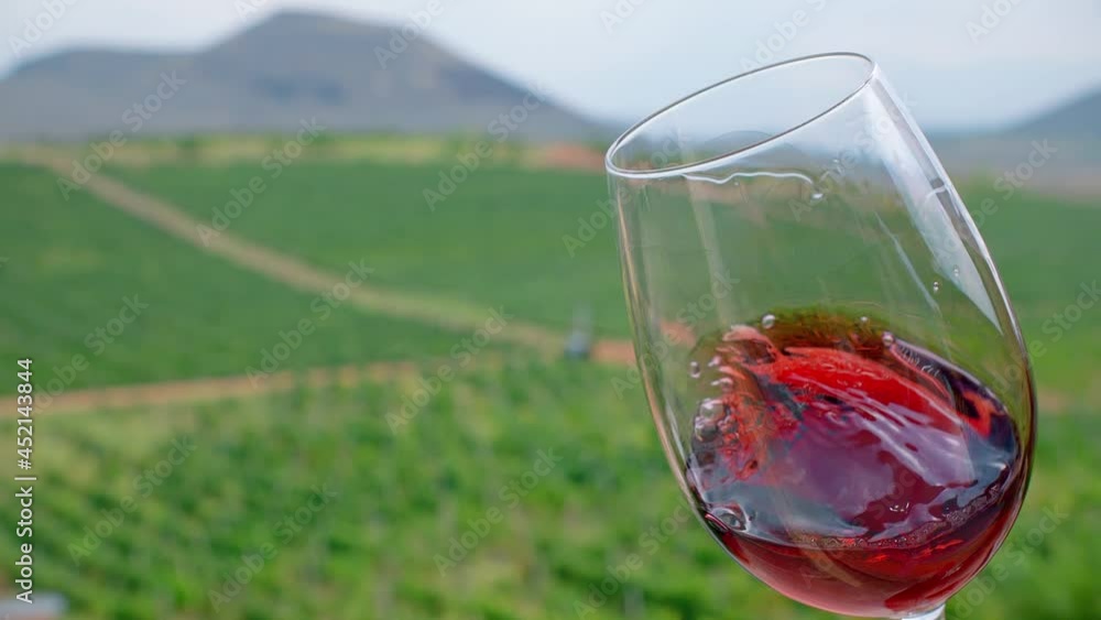 Waving red wine in a glass on defocused vineyard background . Beautiful ...