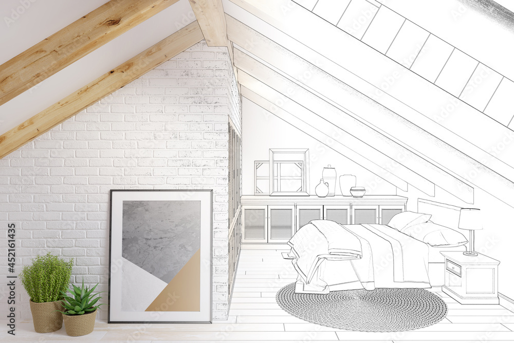 The sketch becomes a real attic bedroom with wooden beams, plants, and ...