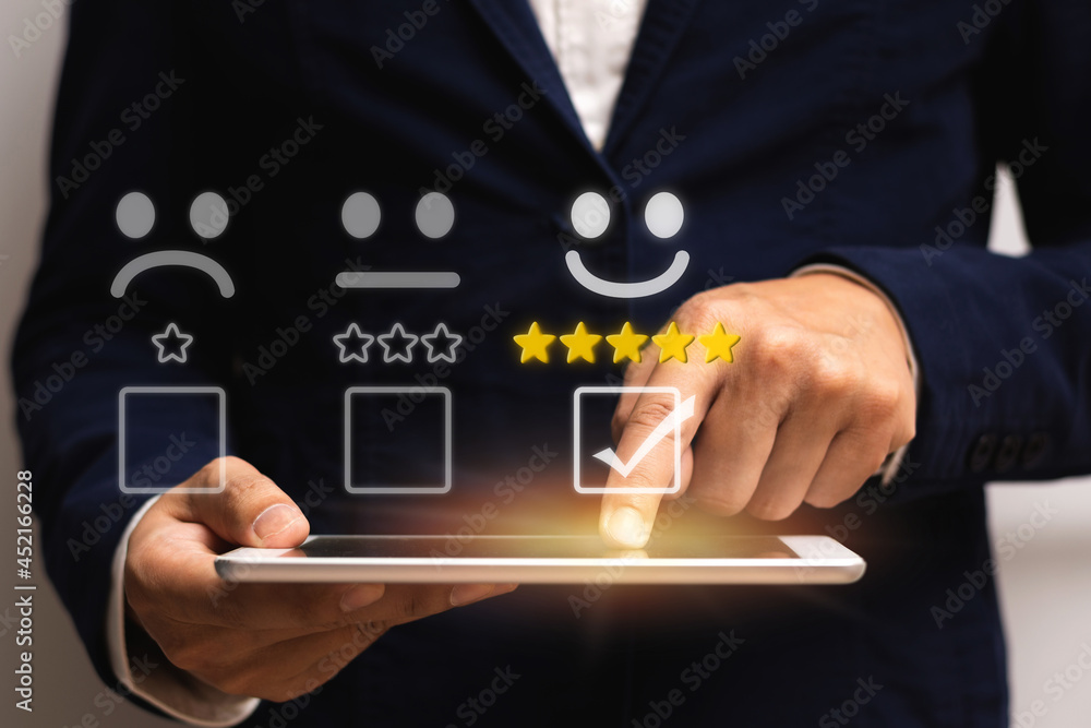 Business man select 5 star face smile emoticon on checklist box with ...