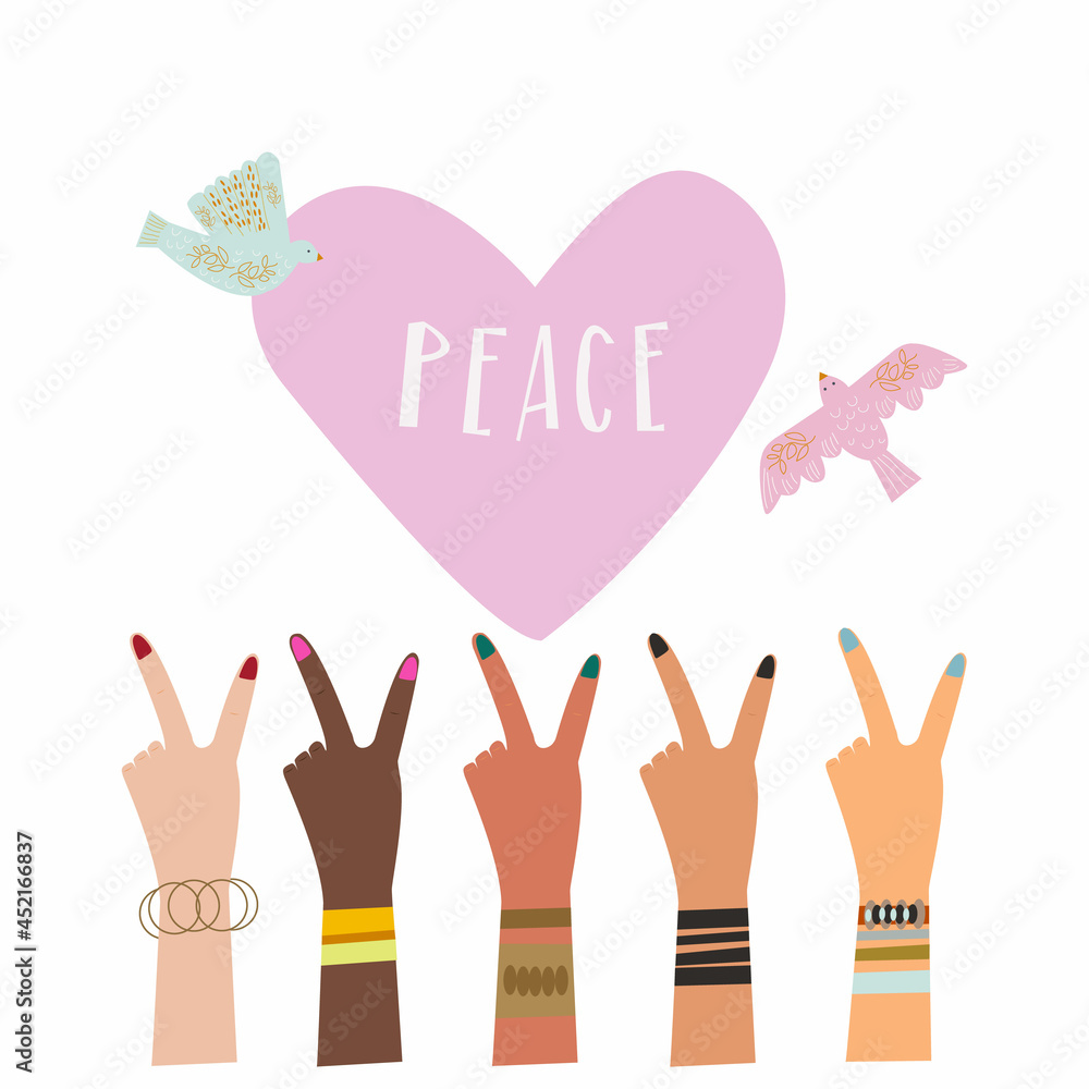 Hands of women of different ethnic groups showing the peace sign on ...