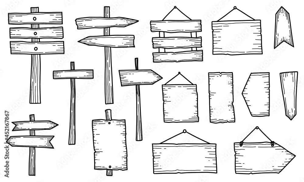 Hand drawn set of direction signs. Sketch in doodle style. Vector ...