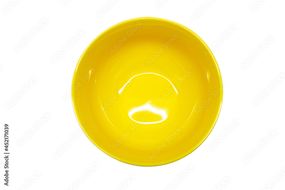Top view yellow empty clean round ceramic deep soup porridge dishes ...
