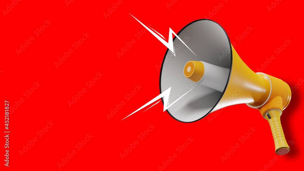 Megaphone with lightning on red background. Breaking news concept ...