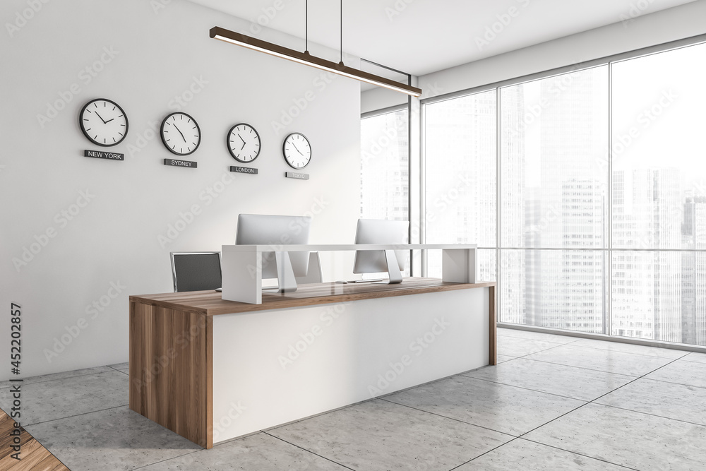 Office room interior with reception, panoramic window with Singapore ...