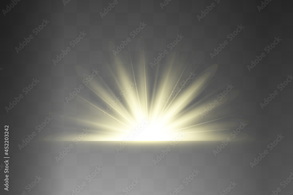 Yellow glowing light explodes on a transparent background. Sparkling ...