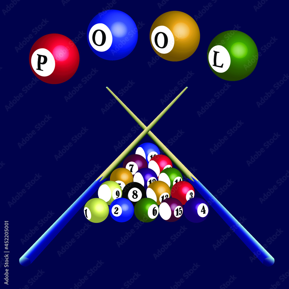 vector illustration depicting billiard cues and balls in a pyramid for ...