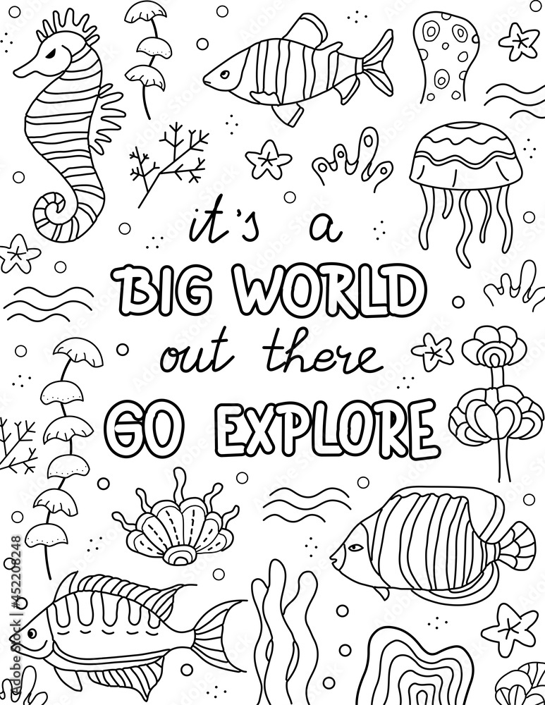 Hand drawn coloring page for kids and adults. Inspirational quote ...