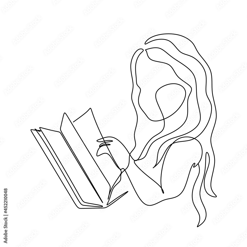 Girl reading book. Back to school concept. Continuous line drawing ...