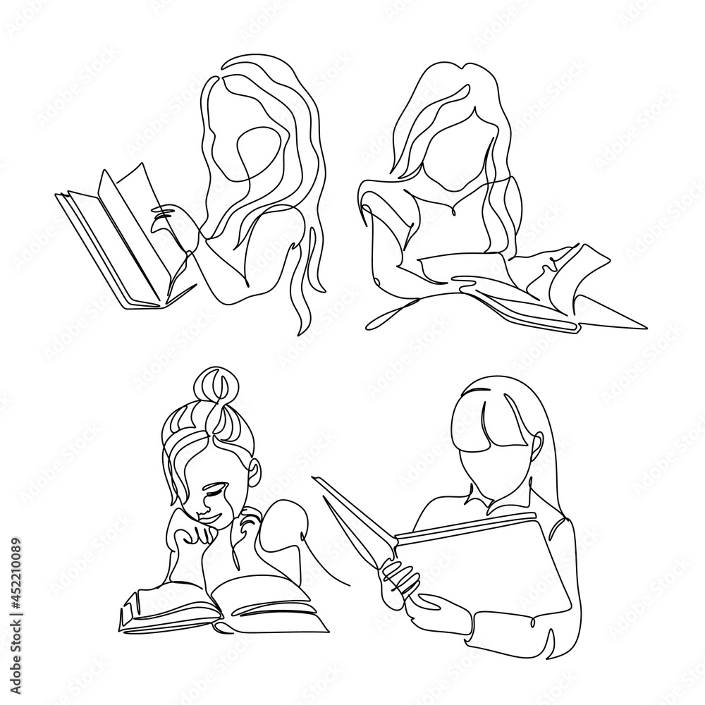 Girl reading book. Back to school concept. Continuous line drawing ...