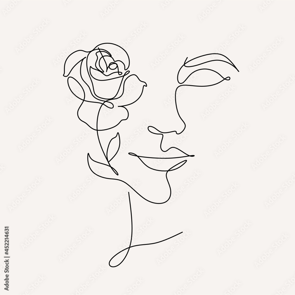Flower face woman line drawing. Modern continuous line art. Women line ...