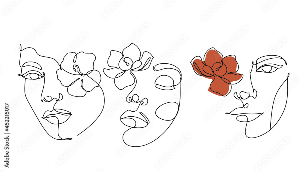 Flower face woman line drawing. Modern continuous line art. Women line ...