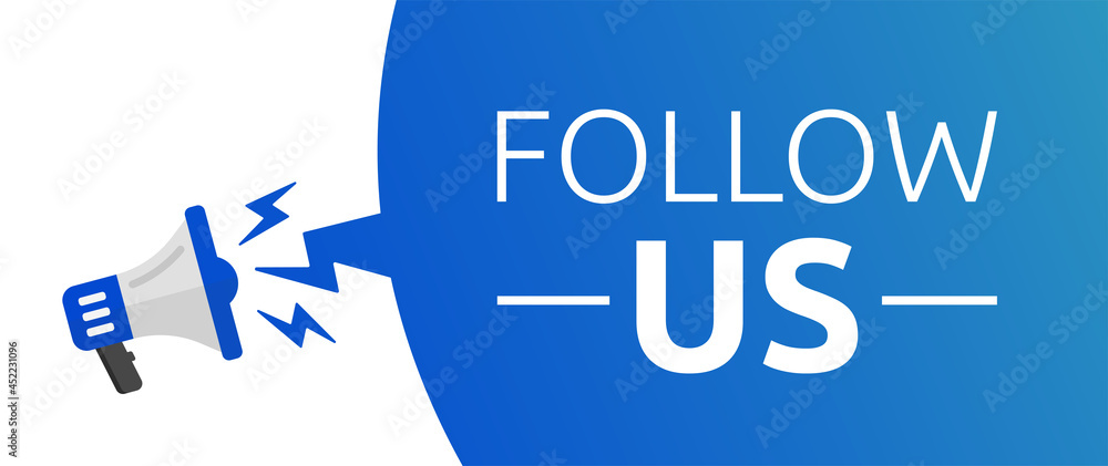 Vector illustration blue follow us speech bubble. Follow us banner for ...