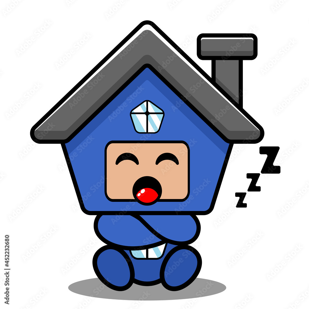 cartoon vector cute blue house mascot costume doodle character sitting ...