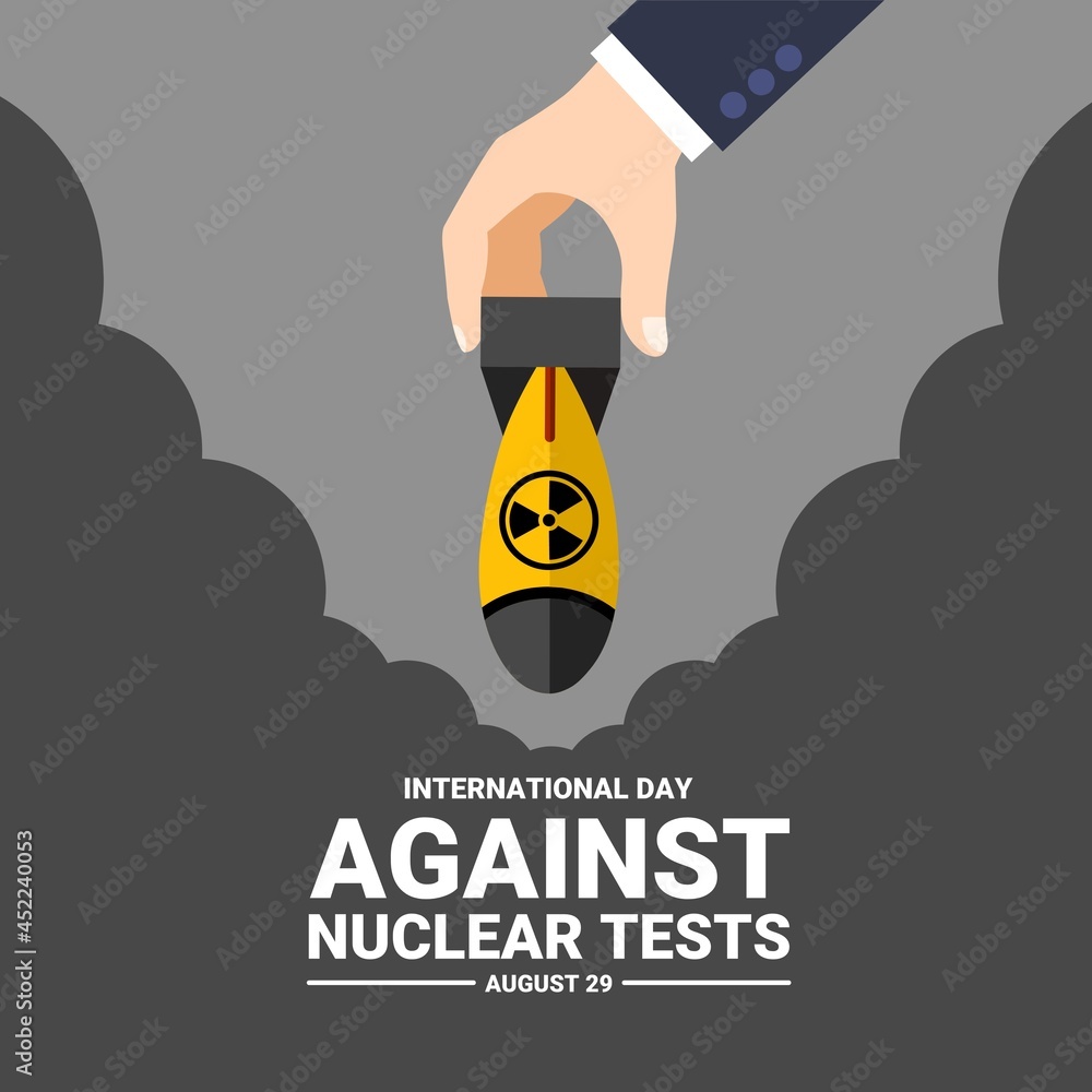 Vector illustration, hand holding nuclear bomb, as banner, poster or ...