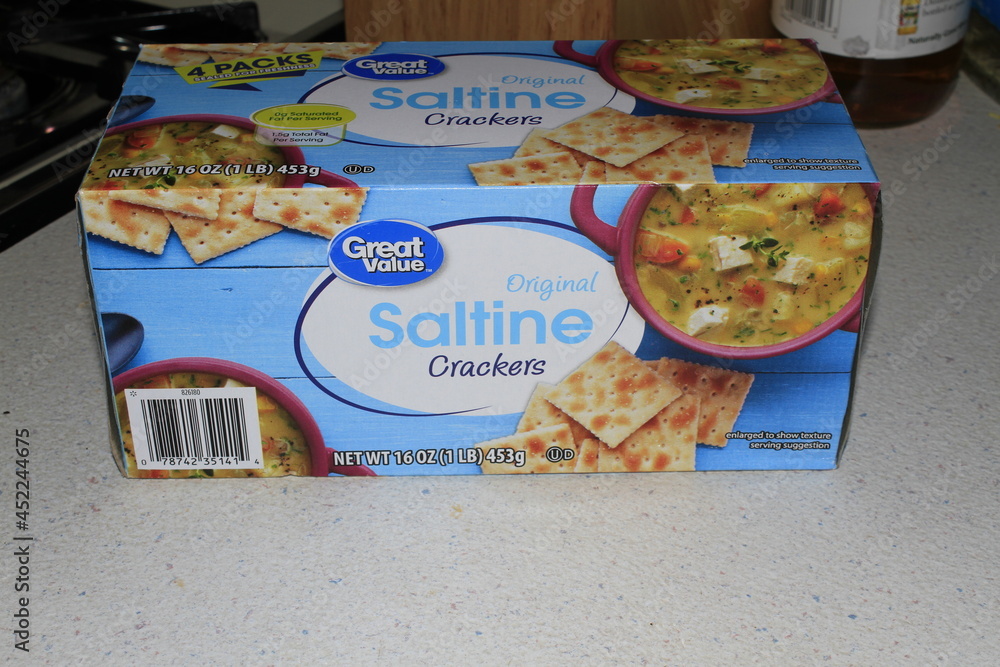 Great Value Crackers in a box shot closeup on a counter top that's ...