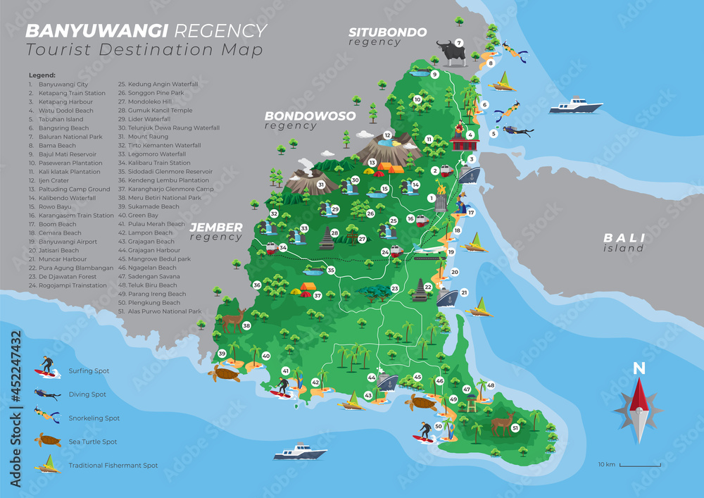 Banyuwangi East Java tourist destination map with details Stock Vector ...