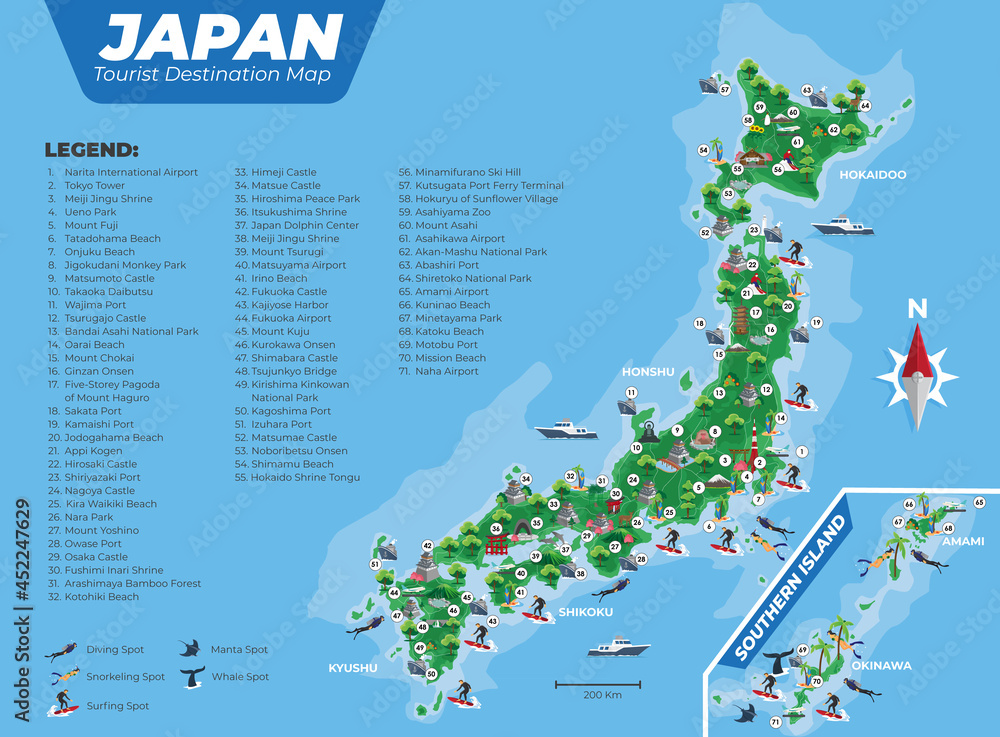 Japan tourist destination map with details Stock Vector | Adobe Stock