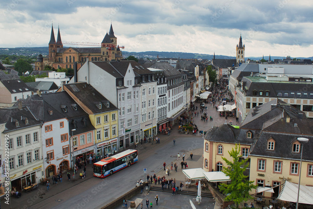 view of the pedestrian zone of Trier, the oldest city in Germany, taken ...