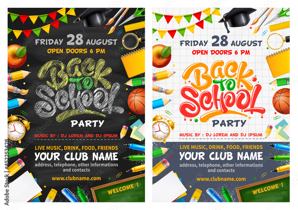 Back to School bright party posters with unique hand drawn chalk ...