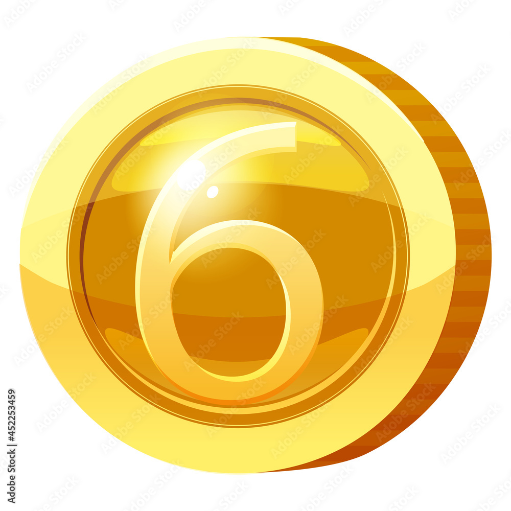 Gold Medal Coin Number 6 symbol. Golden token for games, user interface ...