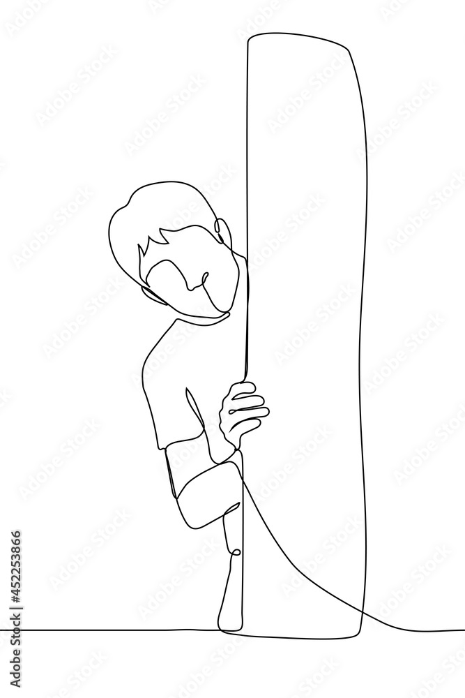 man bending over looks out from behind a door or around a corner - one ...