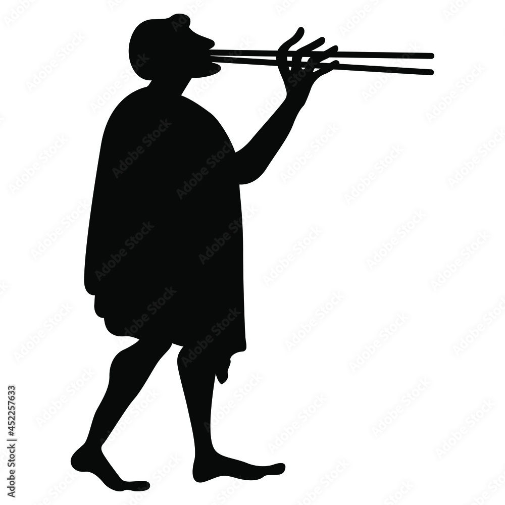 Standing ancient Greek man flaying flute. Vase painting style. Black ...