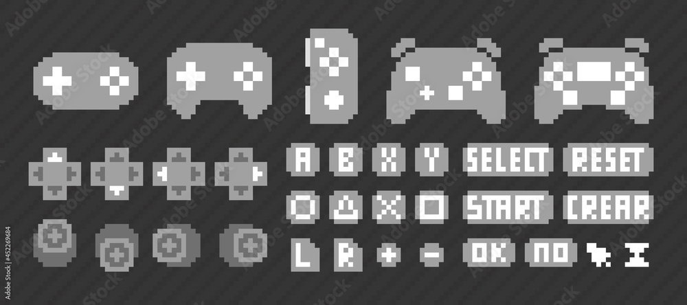 Pixel art vector controller and icons for games user interface Stock ...