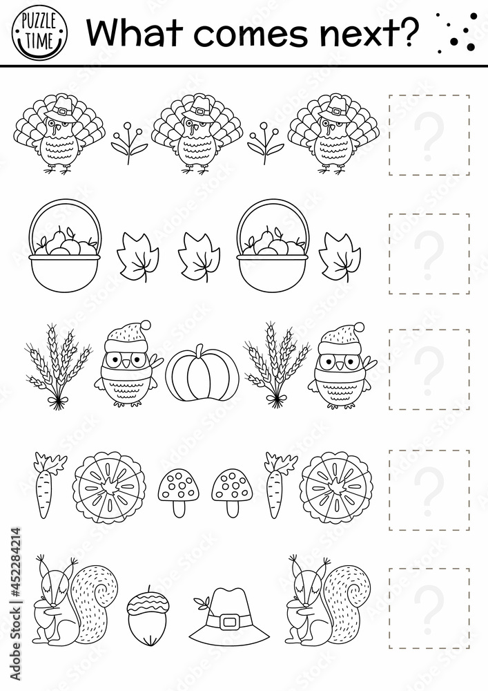 What comes next. Thanksgiving black and white matching activity for ...