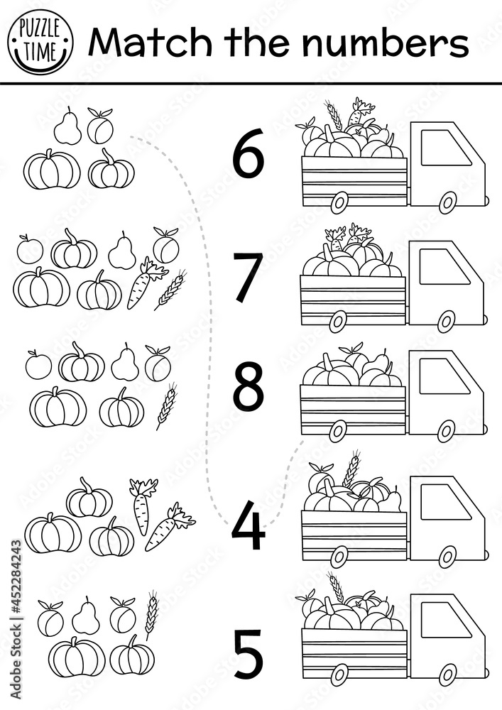 Vetor de Match the numbers black and white game with van and harvest ...